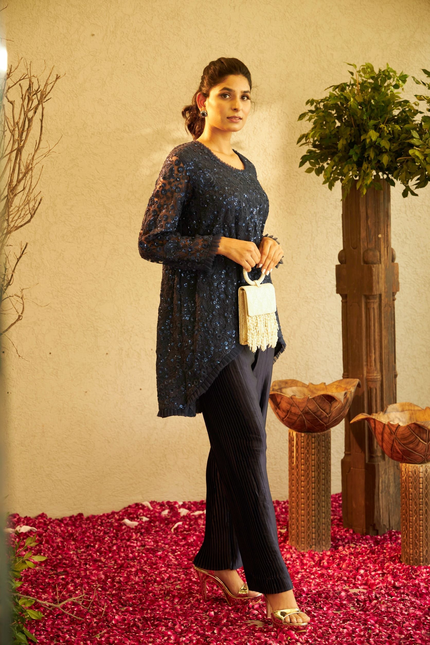 Fragrant Floral Uptown Sequence Tunic Co-ordinated with Pleated Pants ...