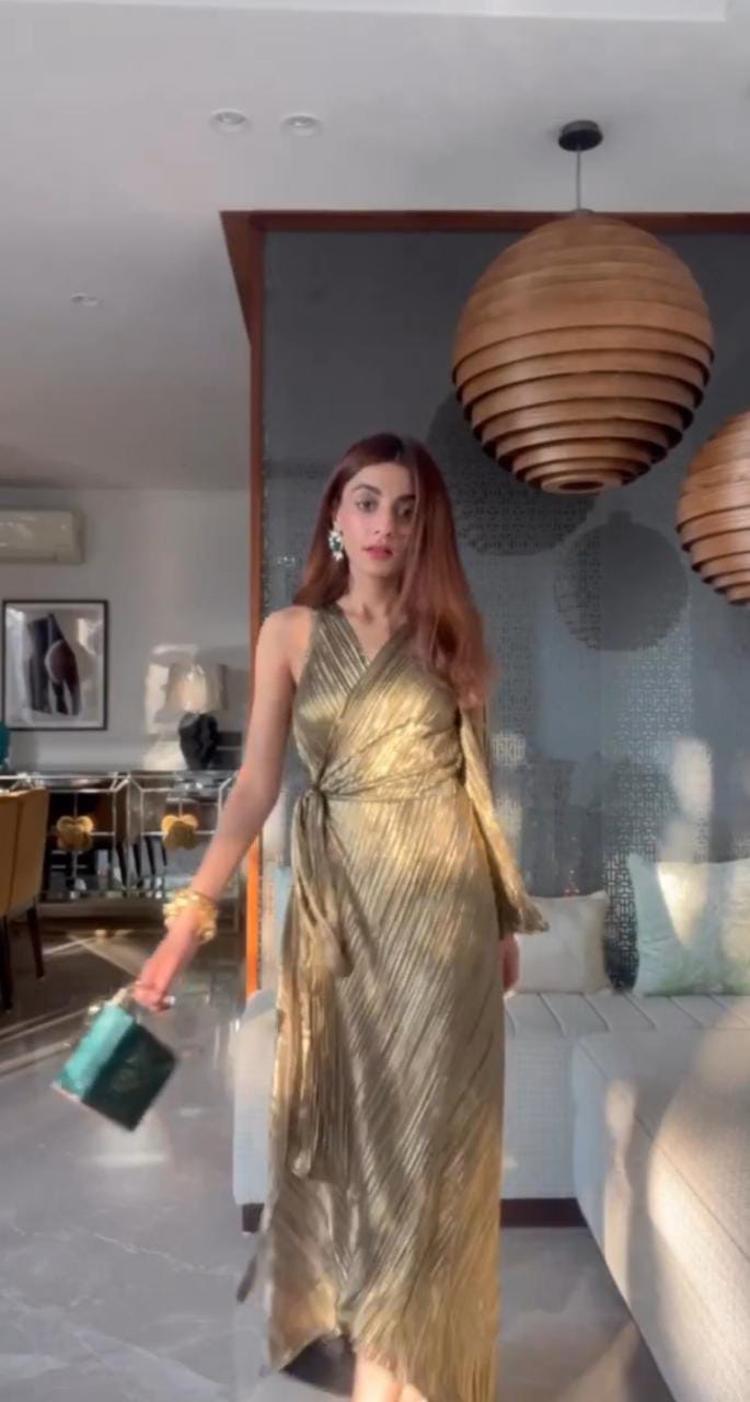 Mehak Jain in our Swish Metallic Wrap Around Dress - Gold – Tasuvure